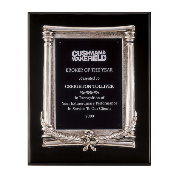 Scroll Plaque on Black Piano-Finish Board, Antique Silver Finish Board ...